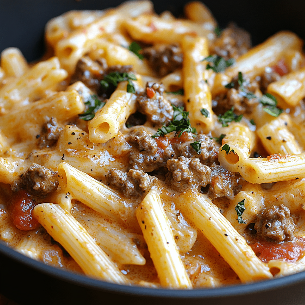 One Pot Creamy Tomato Beef Pasta